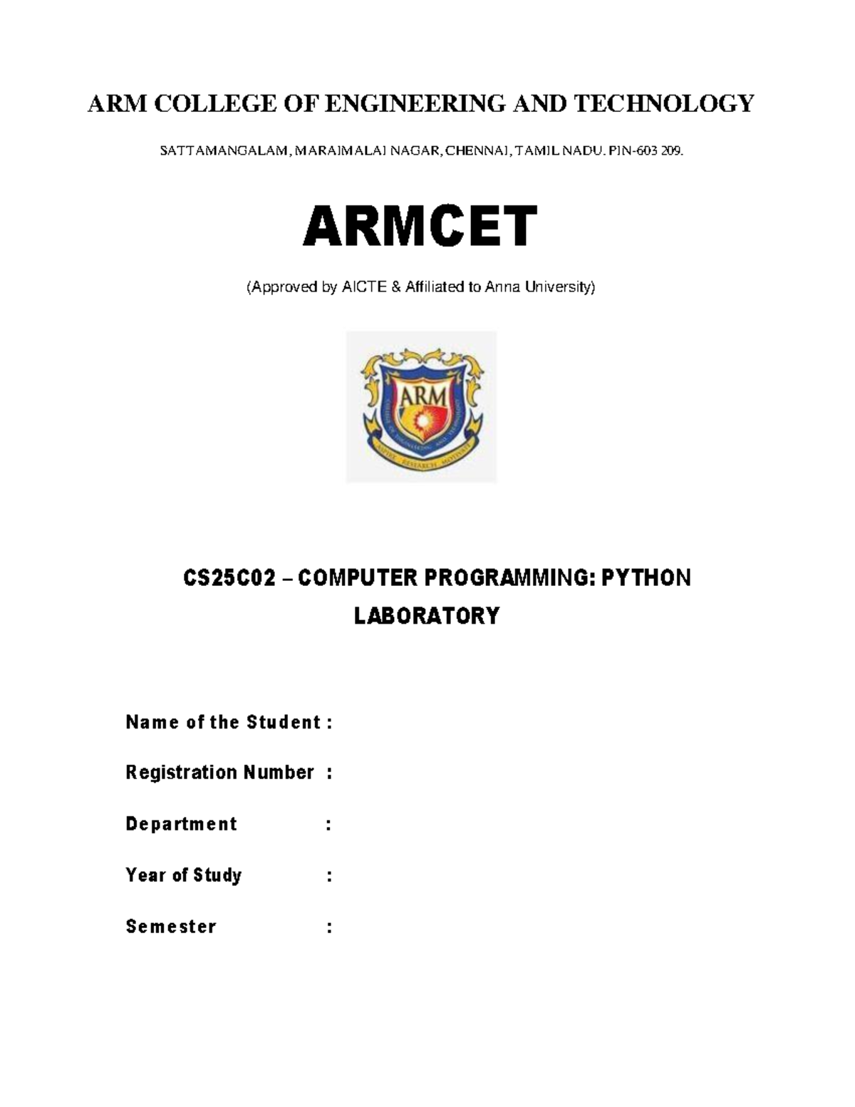 CS25C02 COMPUTER PROGRAMMING: PYTHON LAB MANUAL - Studocu