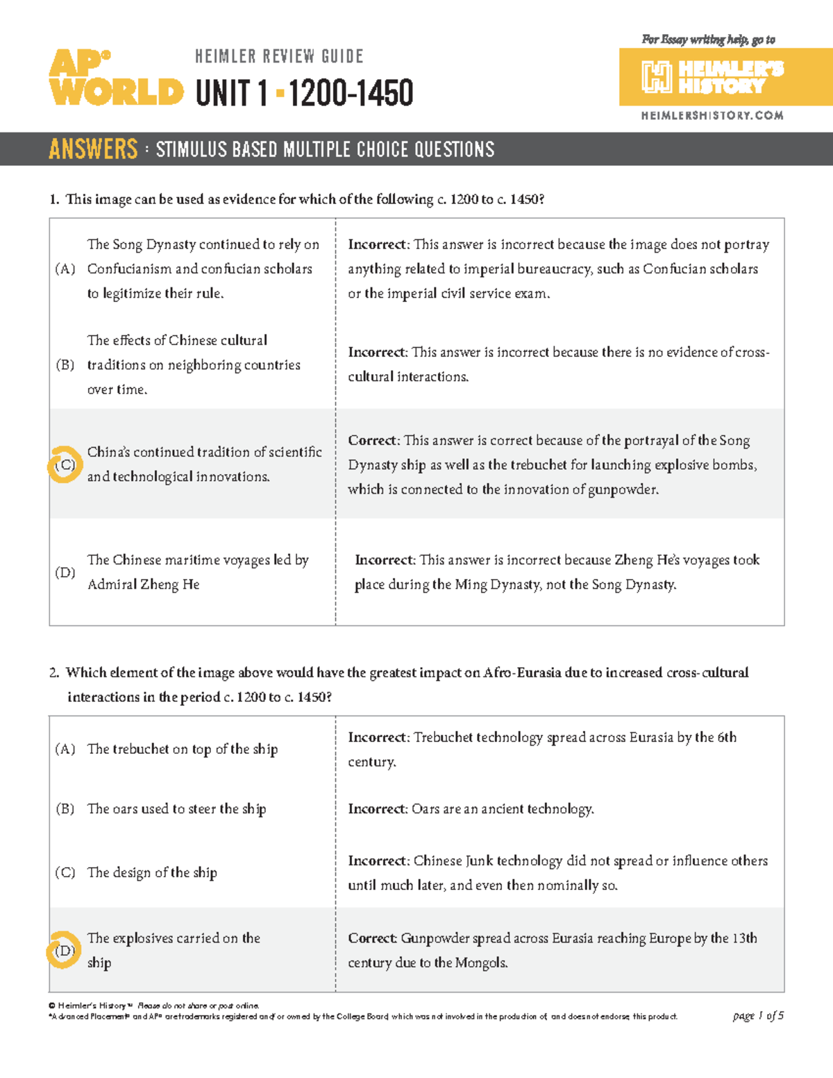 AP World HRG Unit 1 MCQ Answers - © Heimler’s History TM Please do not share or post online ...