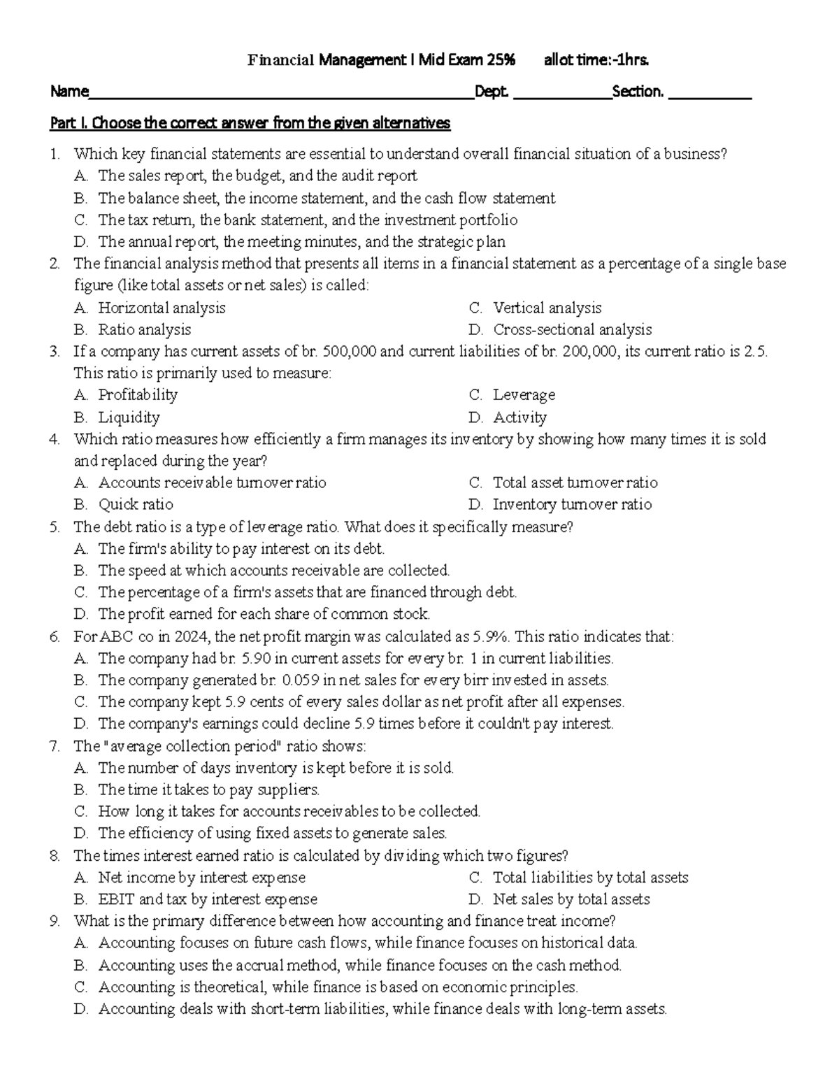 FM I Midterm Exam Review: Key Concepts & Questions - Studocu
