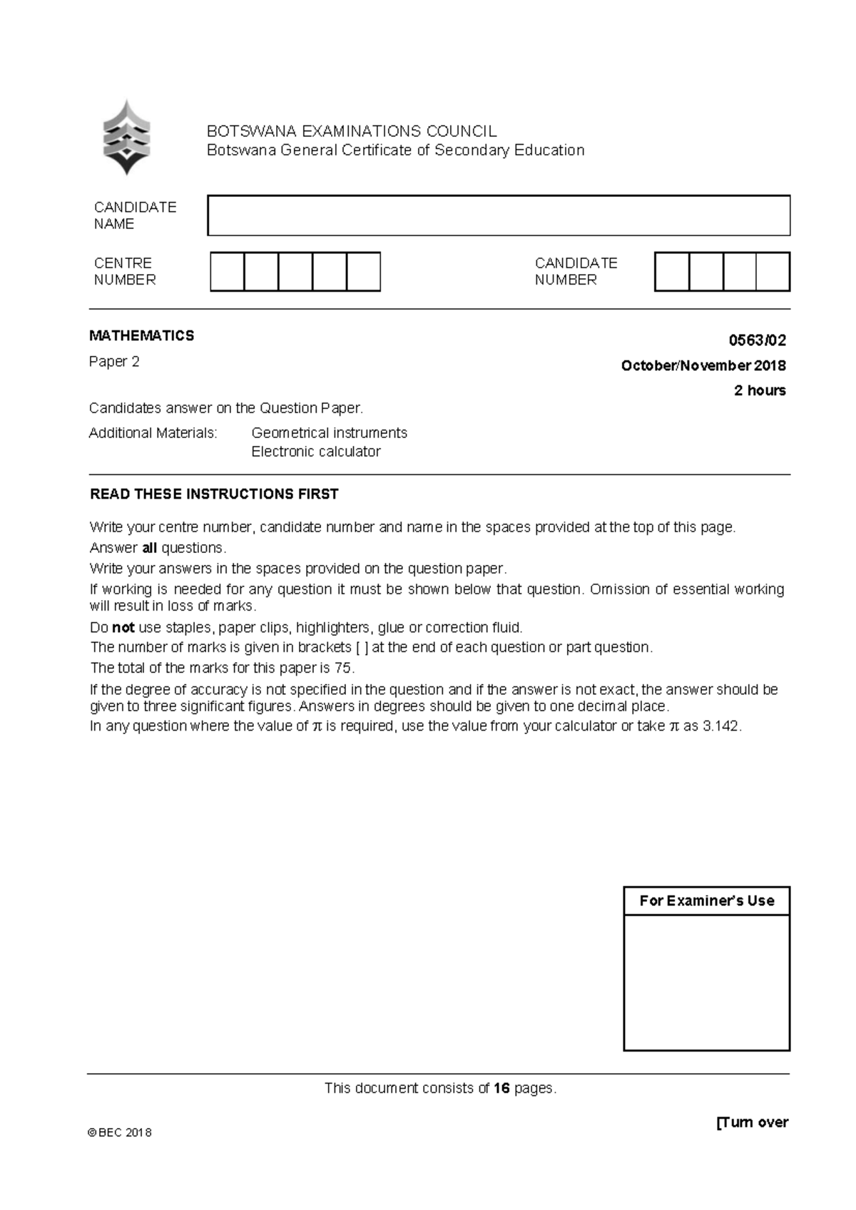 BEC 2018 Mathematics Paper 2 Exam Questions and Solutions - Studocu