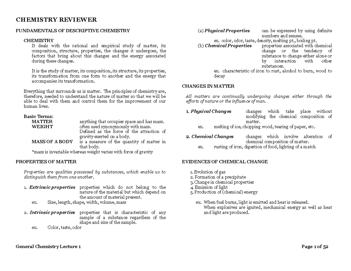 CHEM 101: Fundamentals of Descriptive Chemistry Reviewer - Studocu