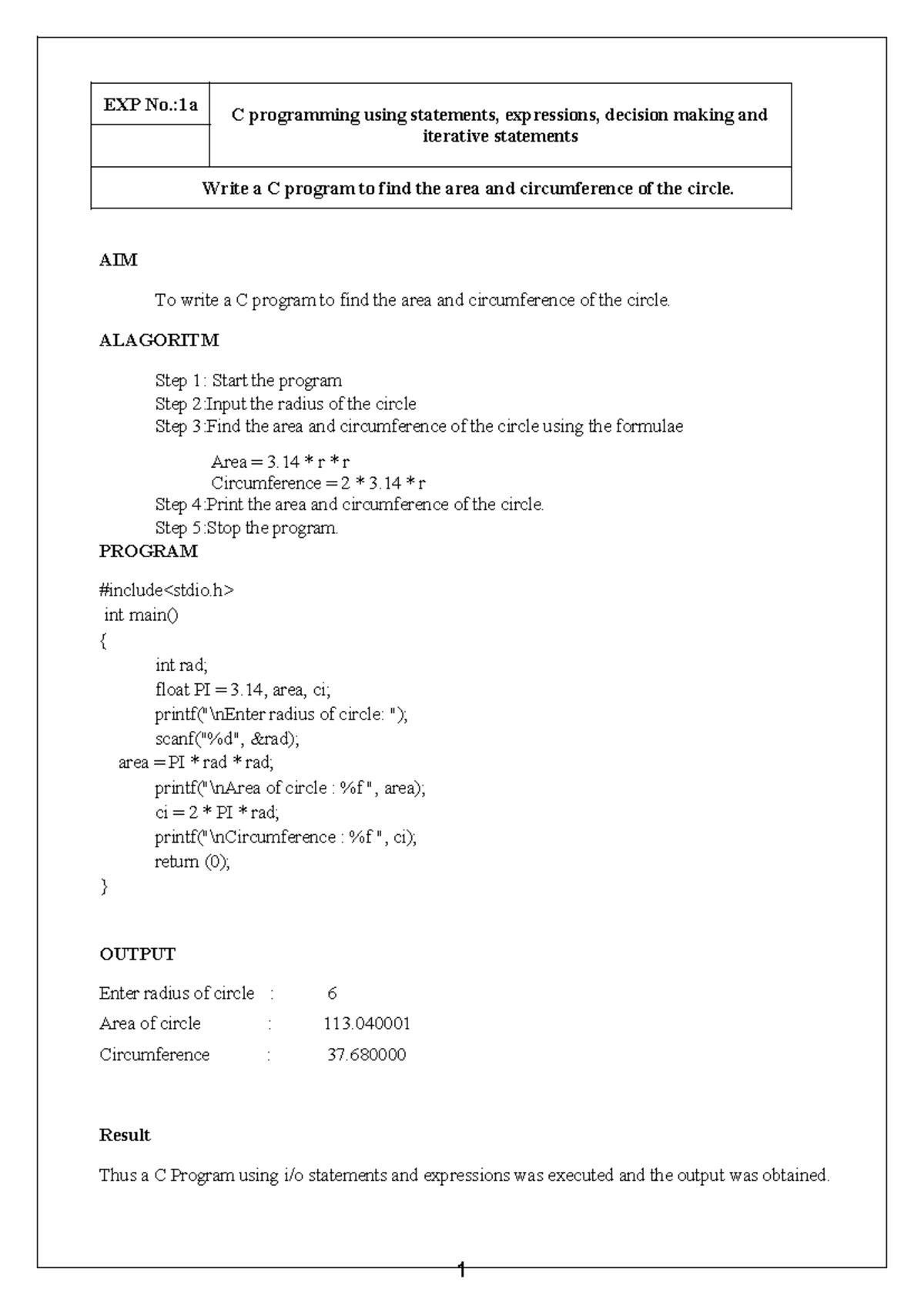 CS3362 C Programming Lab Manual: Experiments on Statements, Loops, and ...