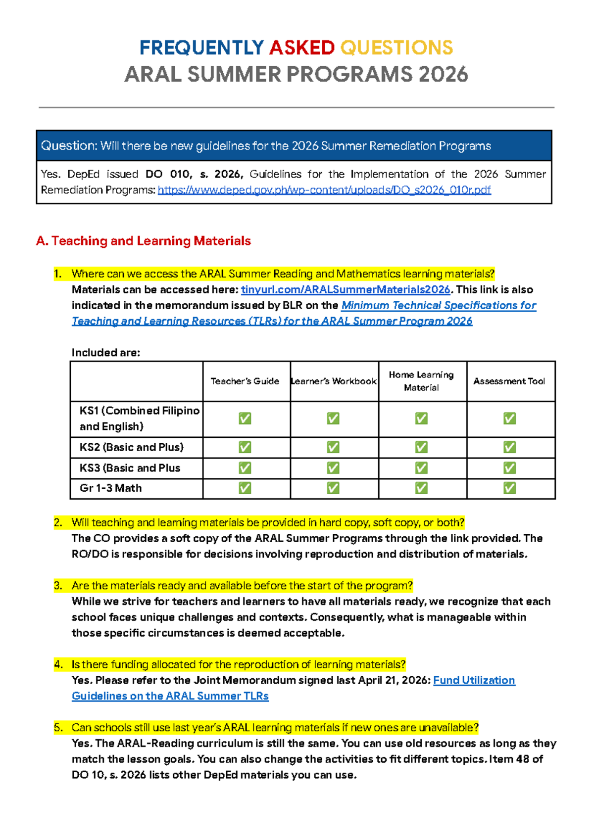 FAQs on ARAL Summer Programs 2026: Materials & Class Structure - Studocu