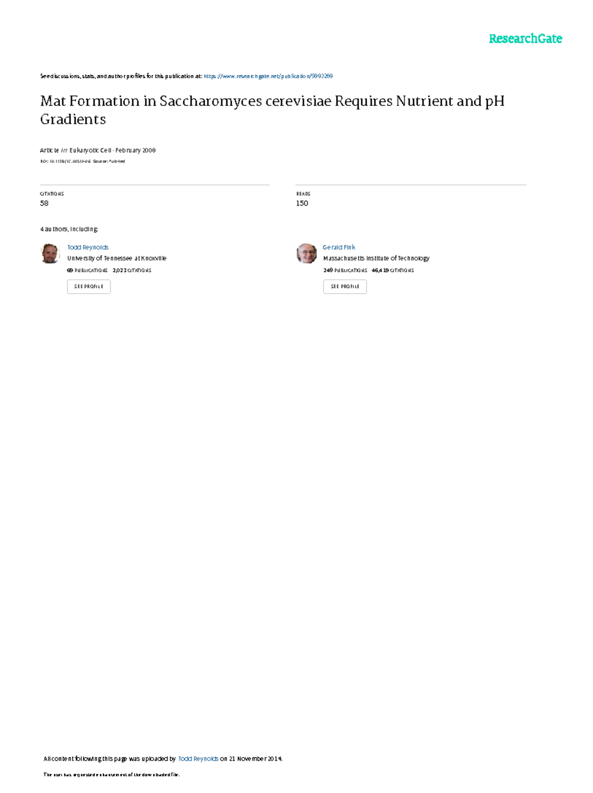 Mat Formation in Saccharomyces cerevisiae: Nutrient & pH Gradients ...