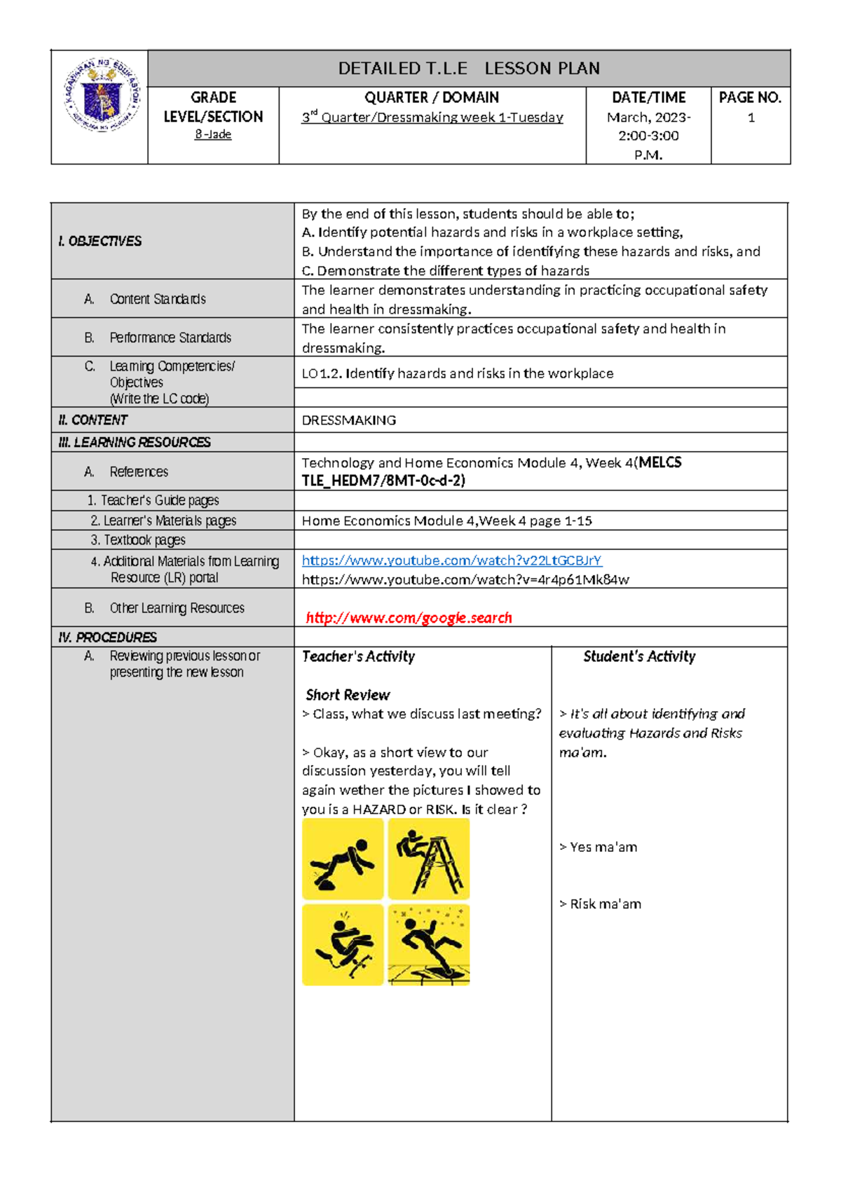 Detailed T.L.E Lesson Plan for Grade 8: Identifying Hazards & Risks ...
