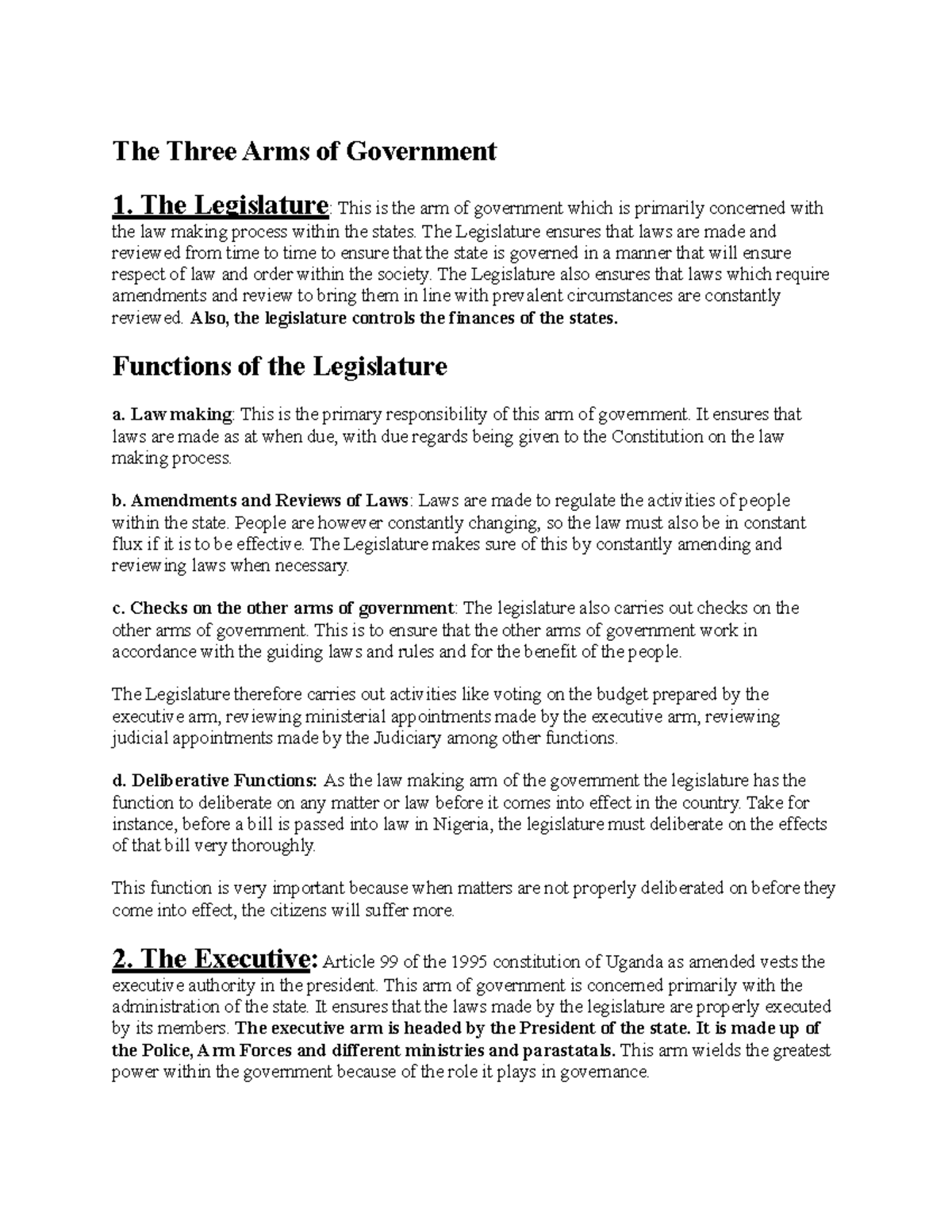 The Three Arms of Government - The Legislature: This is the arm of ...