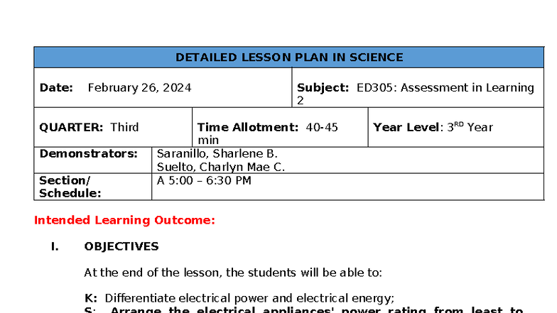 ED305: Detailed Lesson Plan on Electricity and Power - Studocu