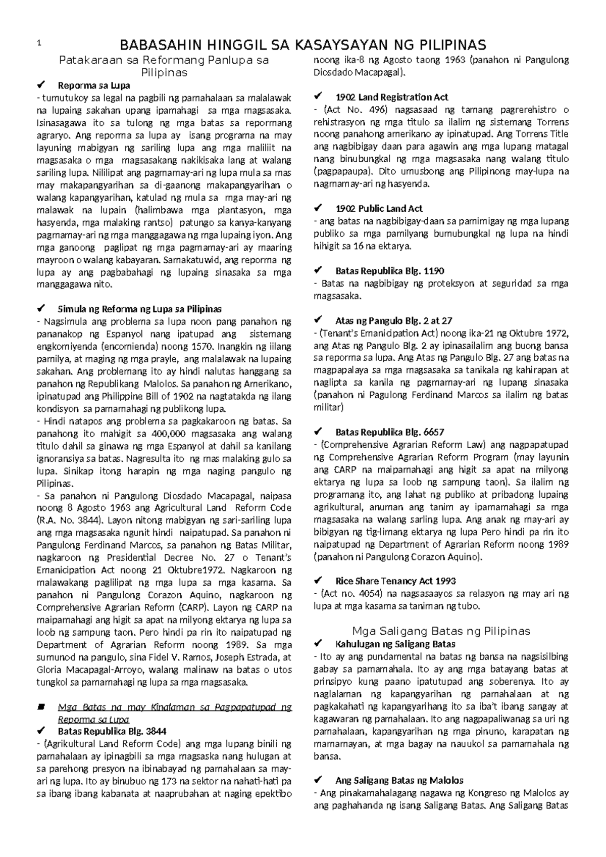 Kasaysayan Finals: Reporma sa Lupa at Saligang Batas ng Pilipinas - Studocu