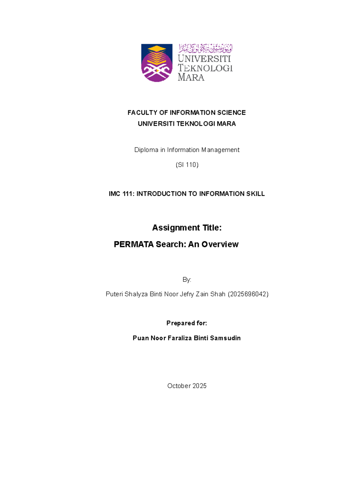 IMC111 Assignment: Overview of PERMATA Search System - Studocu