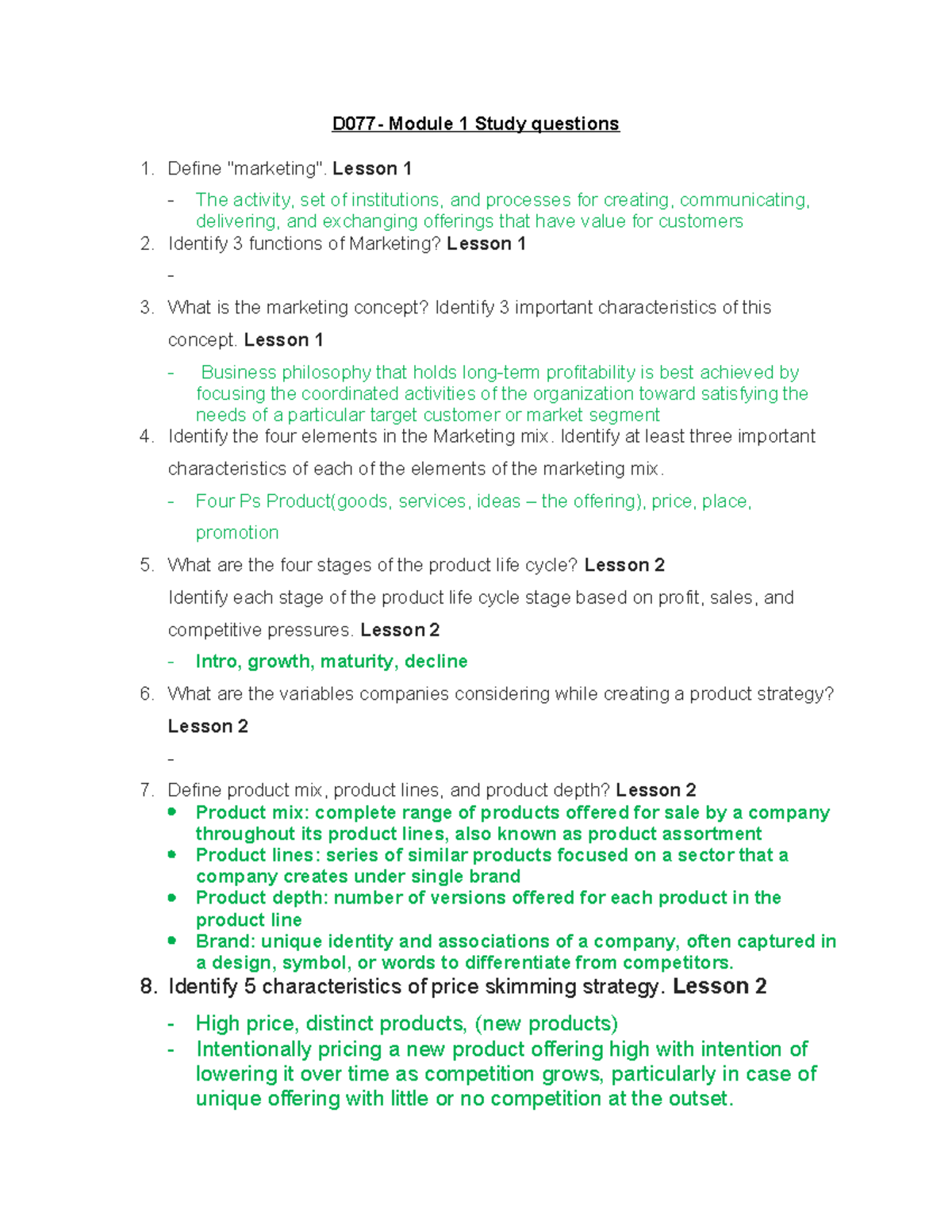 D077 Module 1 Study Questions on Marketing Concepts and Strategies ...