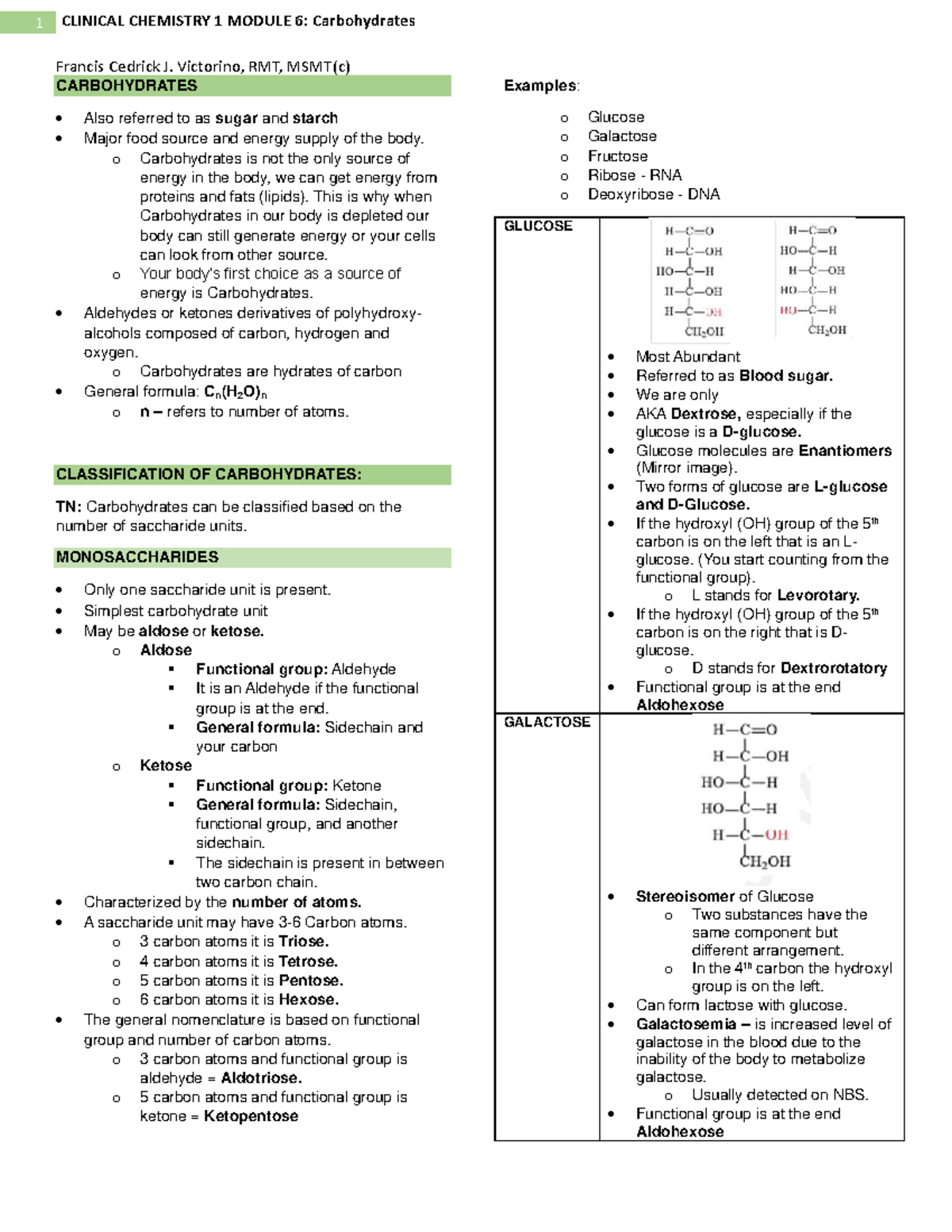CC 1 Clinical Chemistry Module 6: Carbohydrates Overview - Studocu