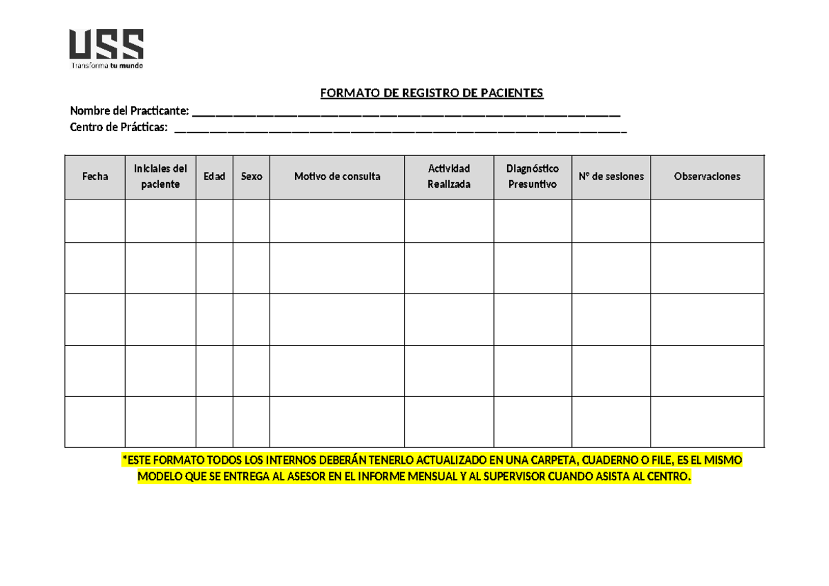 Formato DE Registro de Pacientes - FORMATO DE REGISTRO DE PACIENTES ...
