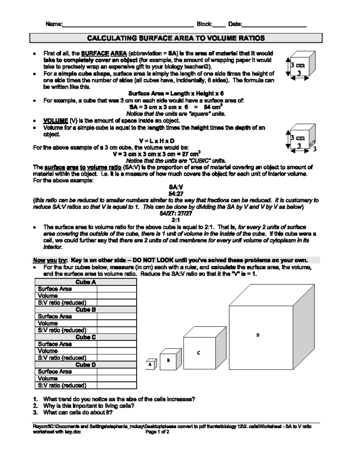Cube Surface Area To Volume Ratio