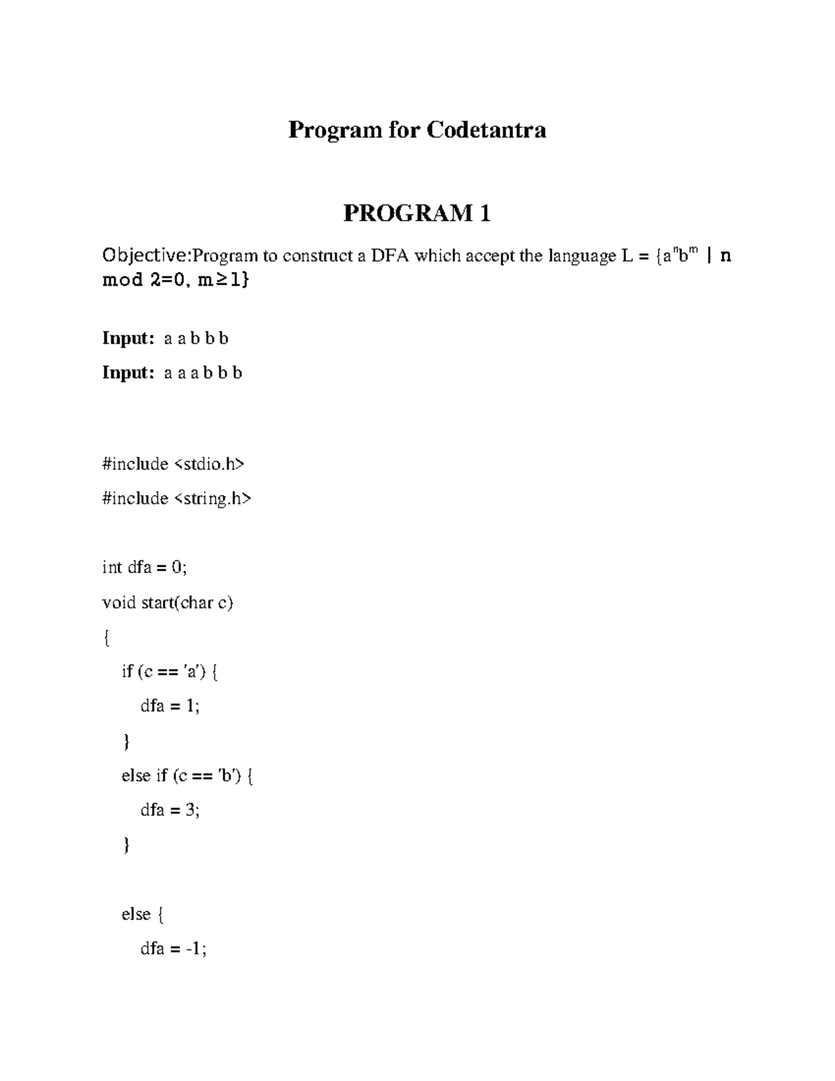 Compiler Design lab - Good to revise - Program for Codetantra PROGRAM 1 Objective:Program to ...