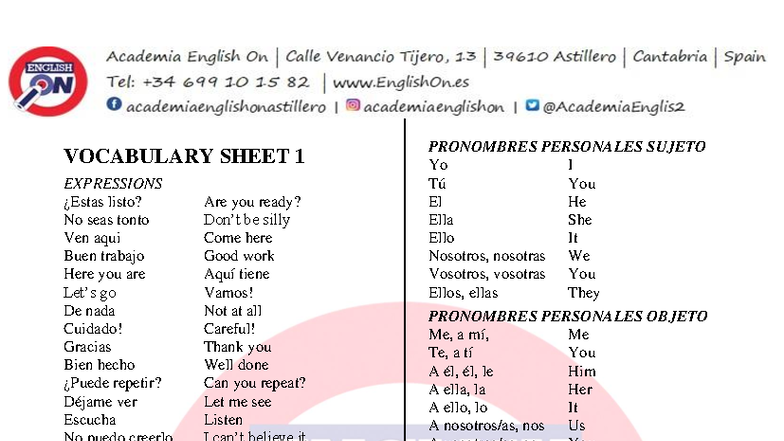 VOCABULARY SHEET 1-17: English-Spanish Expressions and Terms - Studocu