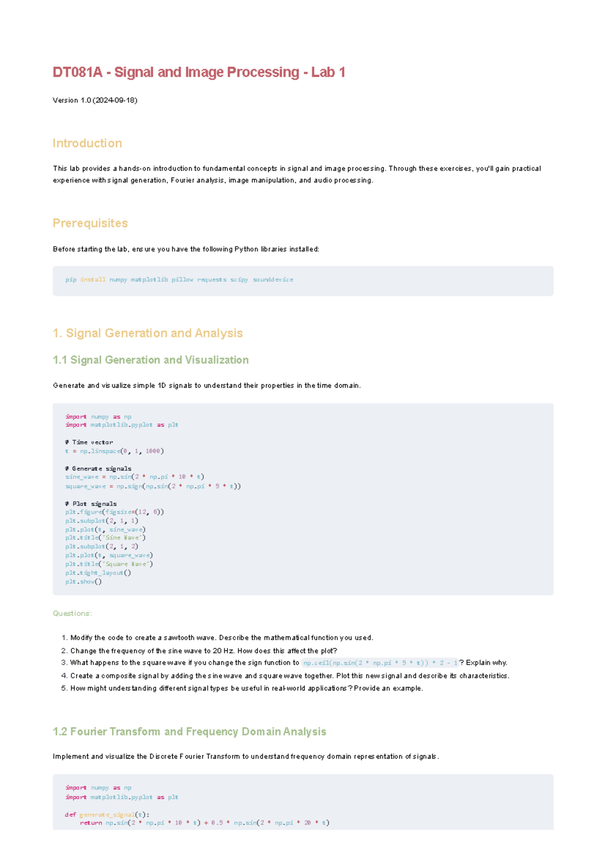 DT081A Signal and Image Processing Lab 1: Intro to Concepts and Techniques - Studocu