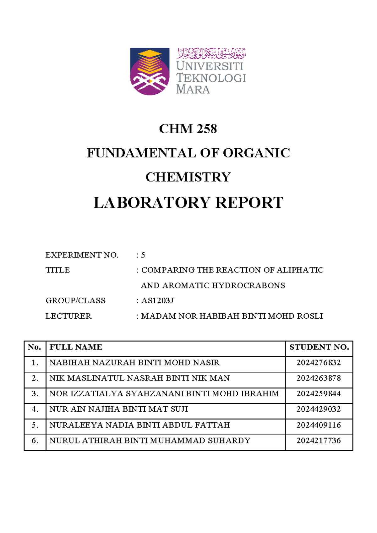 Lab Report CHM 258: Comparing Aliphatic & Aromatic Hydrocarbons - Studocu