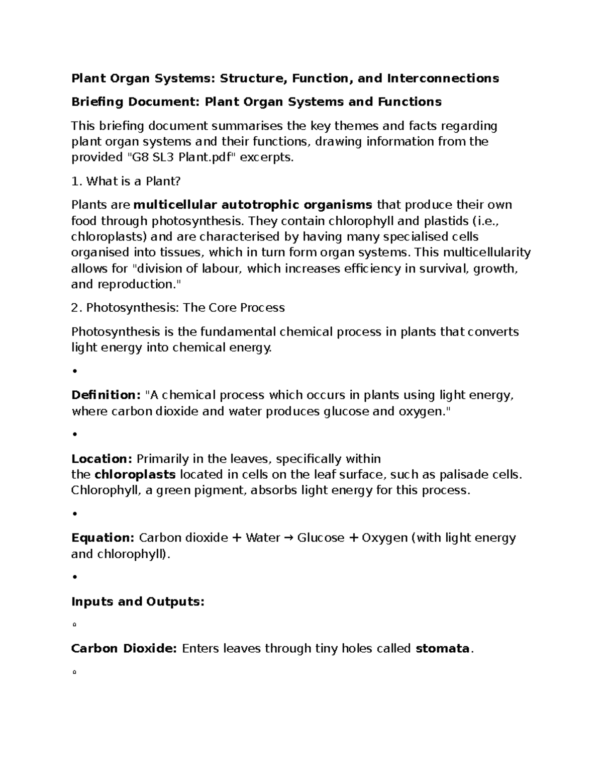 Grade 8 Plant Organ Systems: Structure, Function, and Interconnections ...