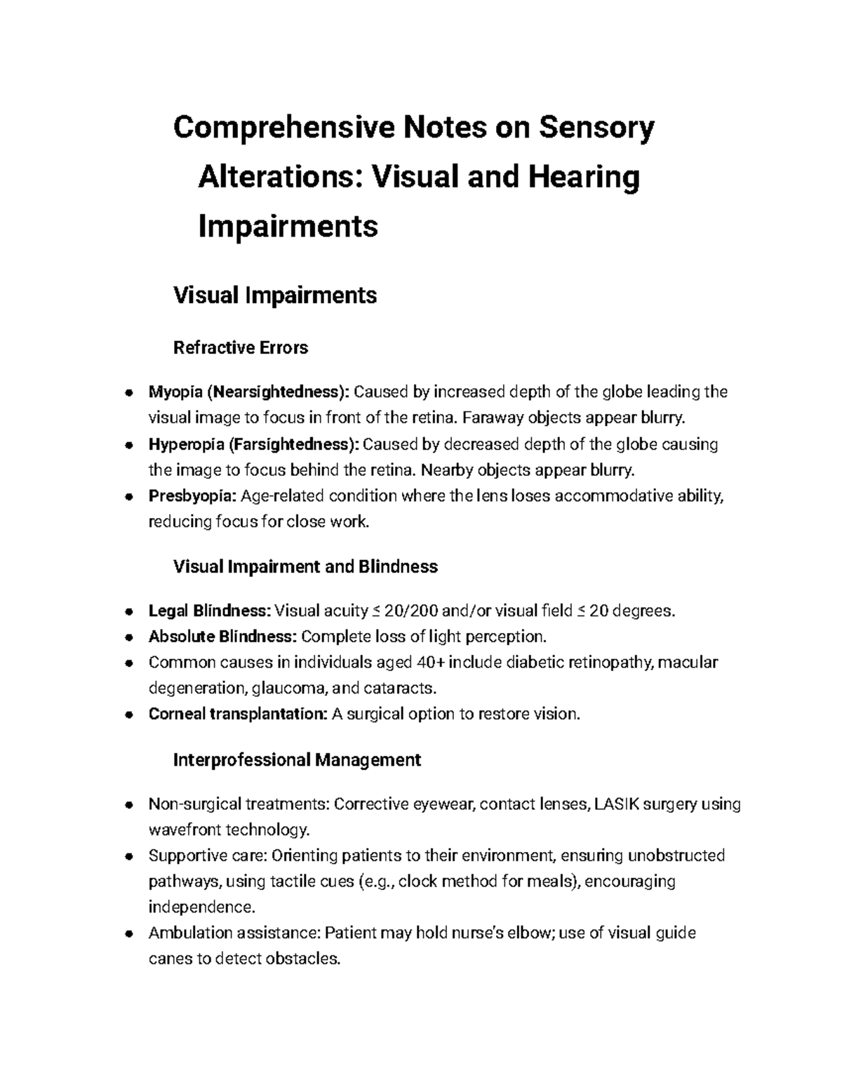 Comprehensive Study Notes on Sensory Alterations: Visual & Hearing ...