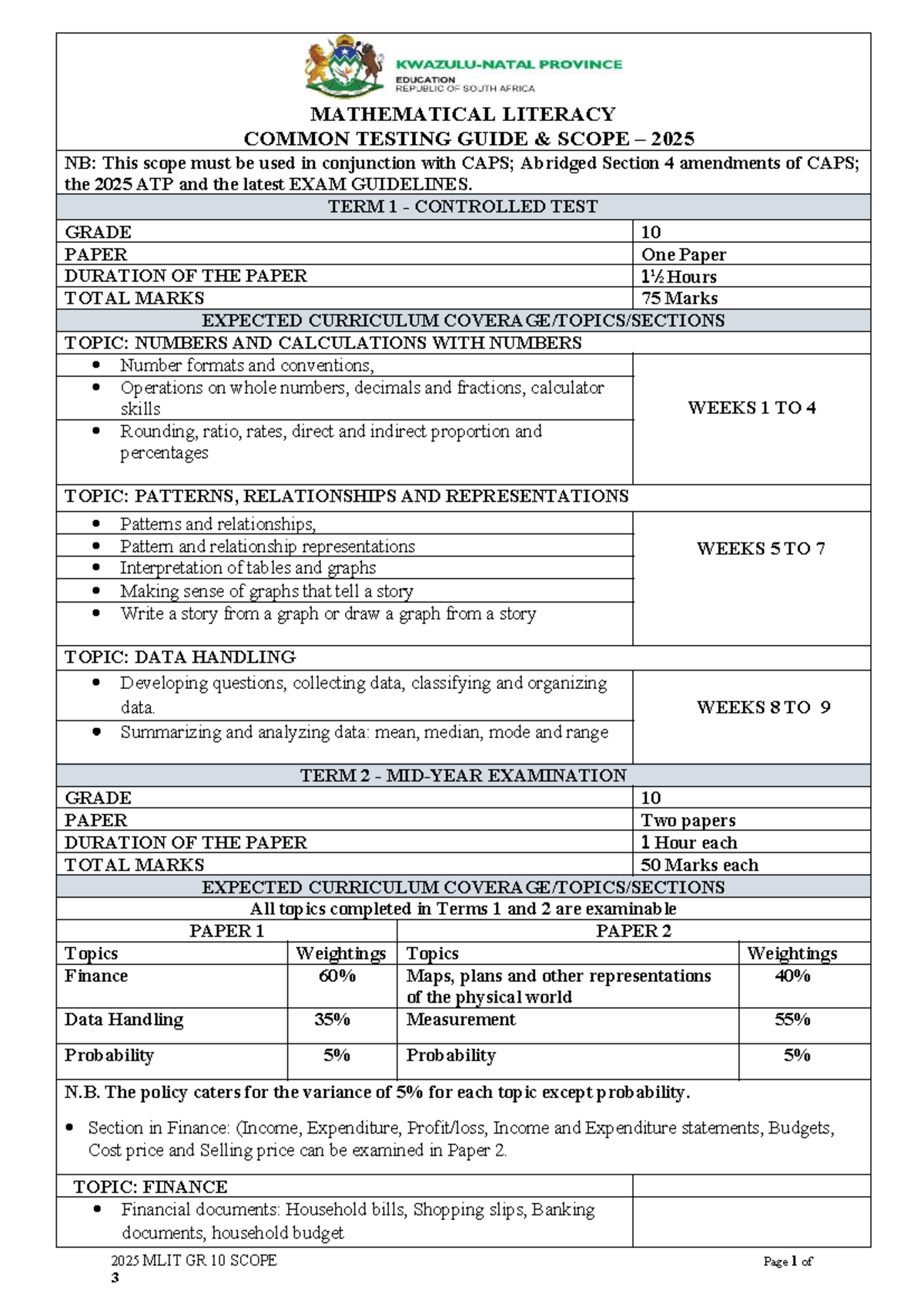 2025 Grade 10 KZN Mathematical Literacy Test Scope & Guidelines - Studocu