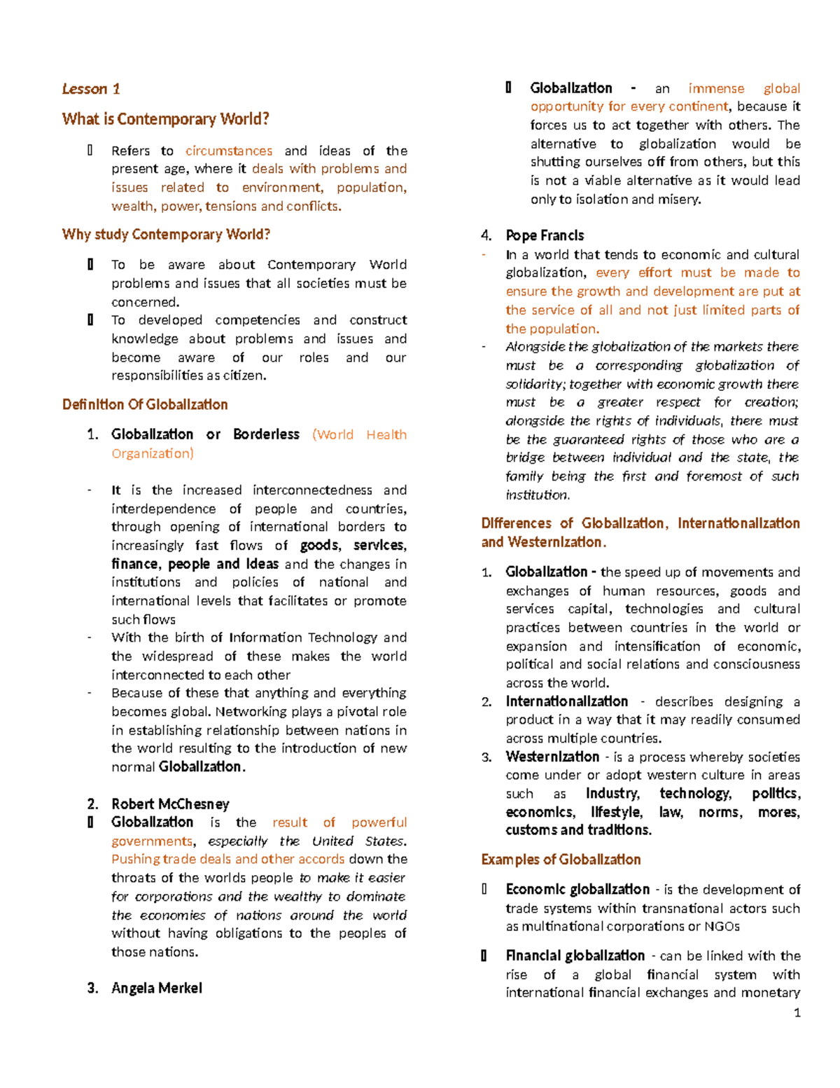 Contemporary World - Lessons 1-5 Overview for 1st Major Exam - Studocu
