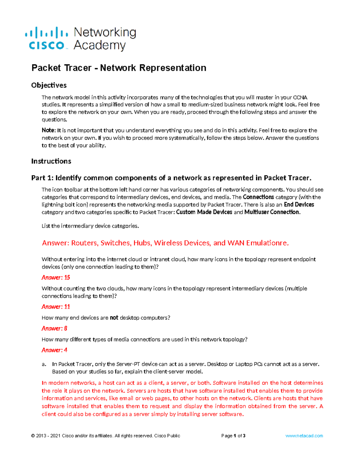 CCNA Packet Tracer - Exploring Network Representation and Components - Studocu