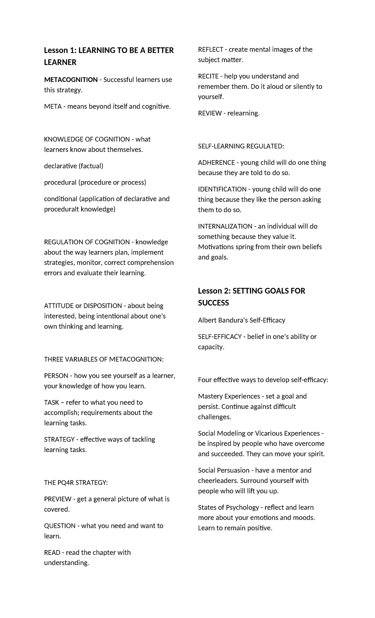 UTS Final Lesson Reviewer: Metacognition & Goal Setting Strategies ...