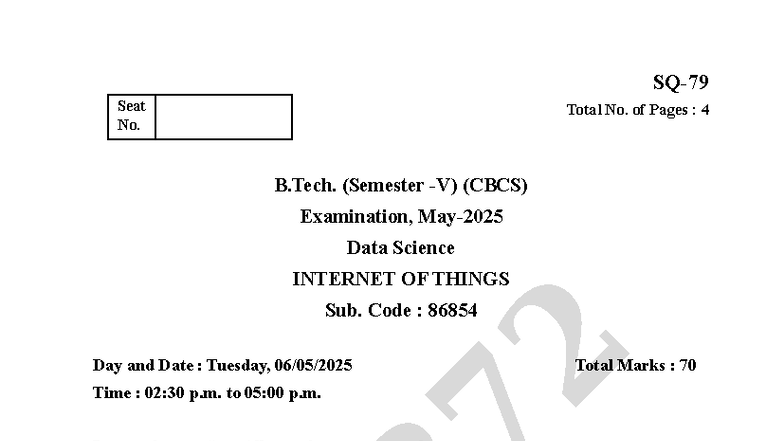 B.Tech. (CBCS) Exam: Internet of Things (IoT) - Sub. Code 86854 - Studocu