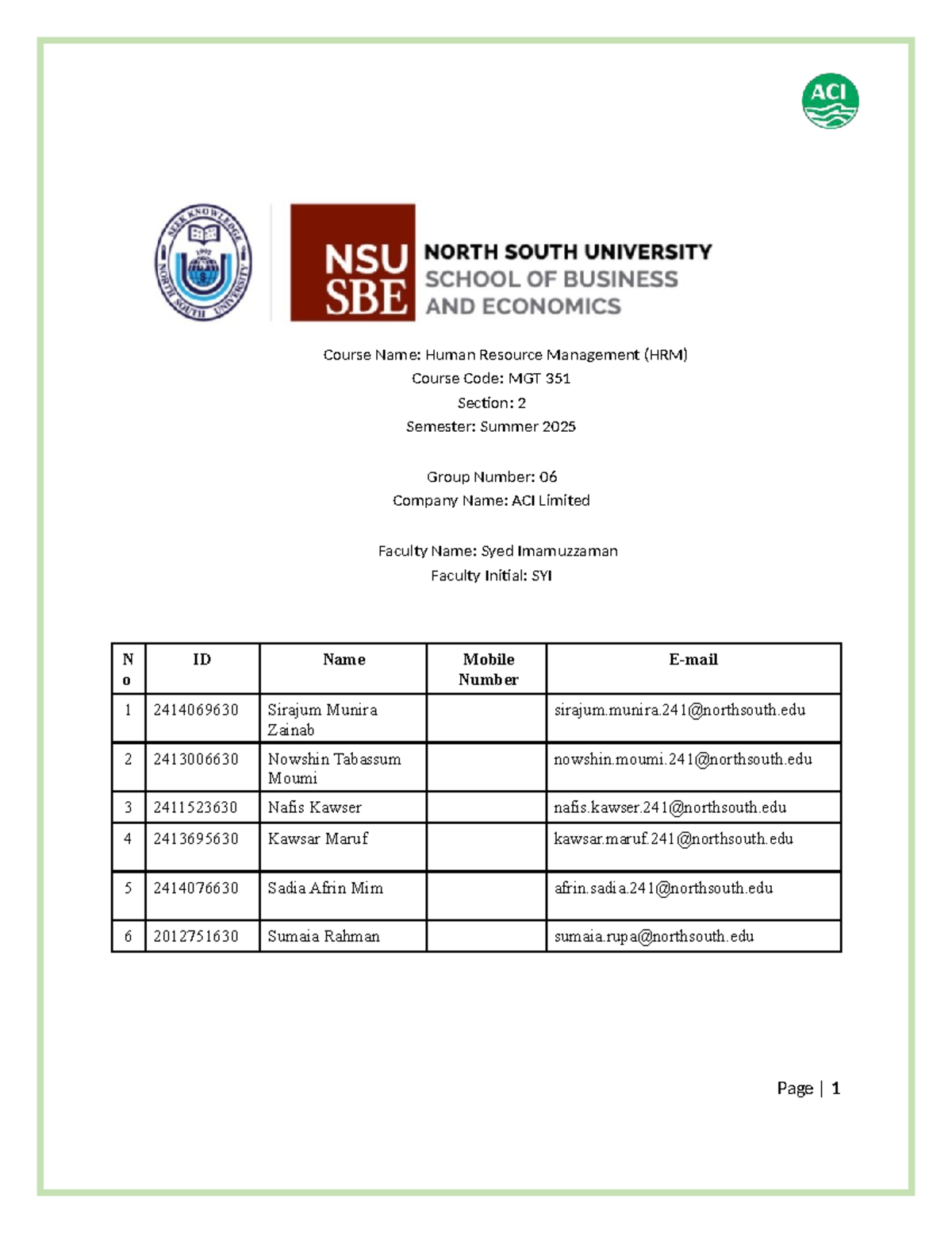 MGT 351.2 Group 06 - HRM Practices at ACI Limited: A Comprehensive ...