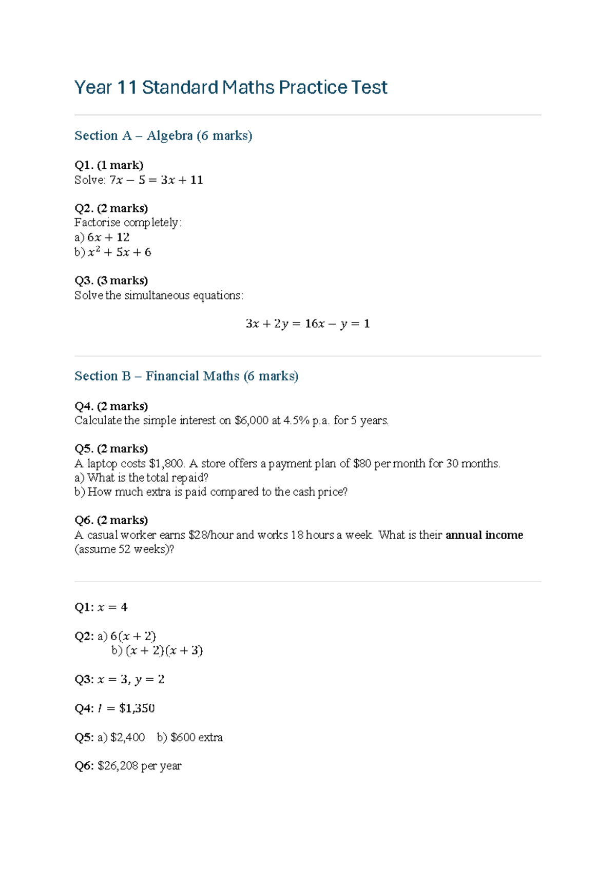 Year 11 Standard Maths Practice Test: Algebra & Financial Maths - Studocu