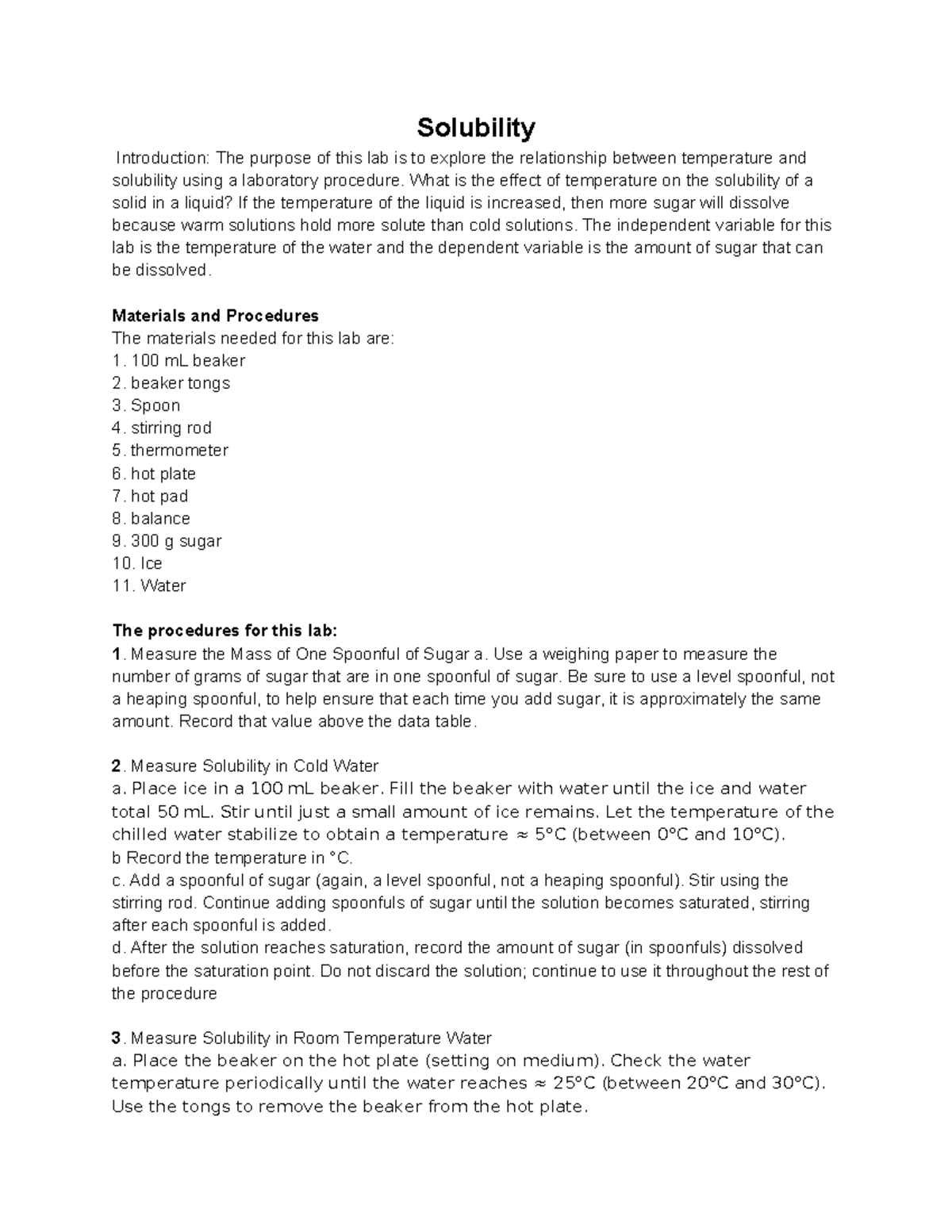 Chem Lab: Exploring Temperature Effects on Solubility - Studocu