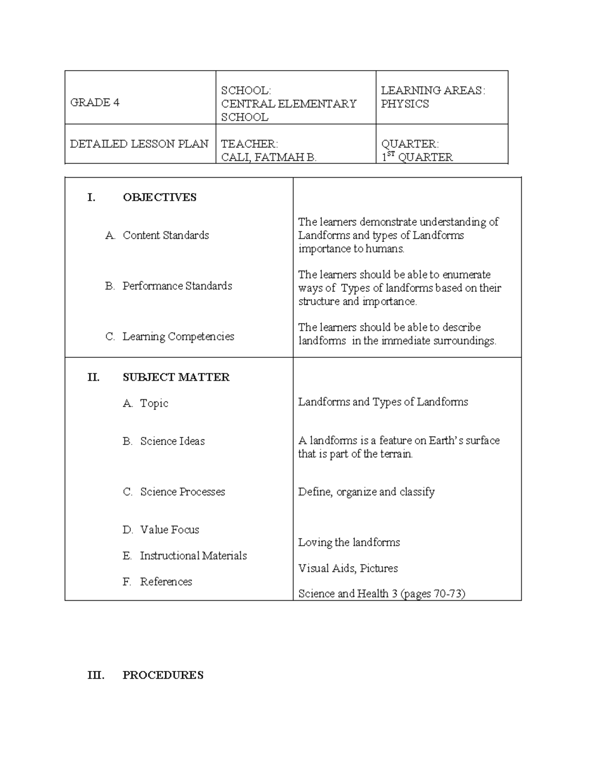 Grade 4 Physics DLP: Lesson Plan on Landforms and Their Types - Studocu