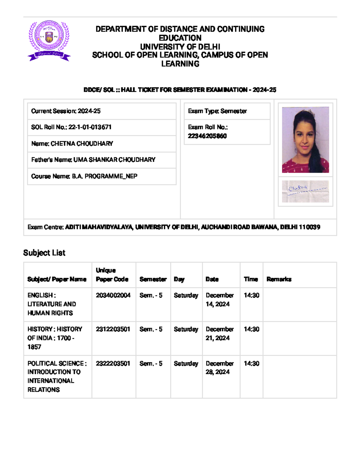 COLLEGE ADMIT CARD - Subject List Subject/ Paper Name Unique Paper Code ...
