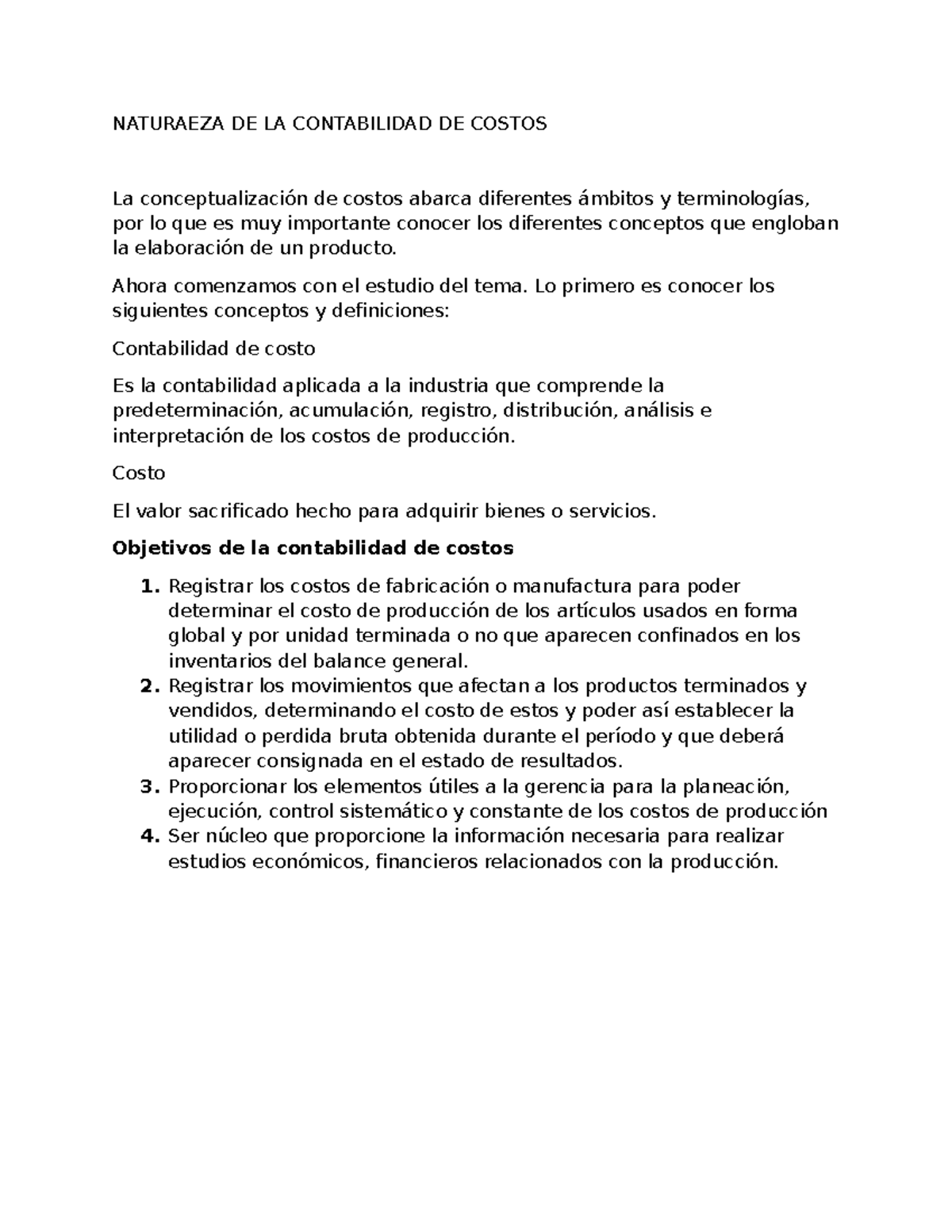 Naturaleza de la Contabilidad de Costos: Conceptos y Elementos - Studocu