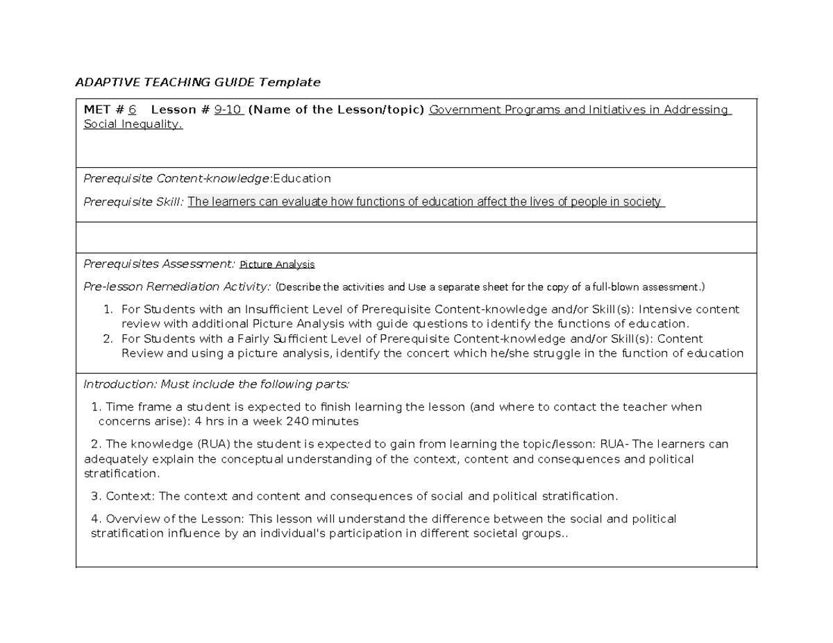 Adaptive Teaching Guide Template 1 - ADAPTIVE TEACHING GUIDE Template ...