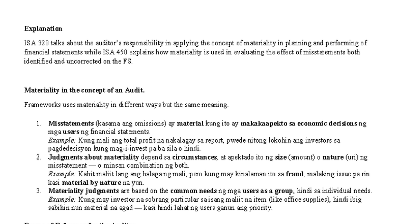 ISA 320 & 330: Materiality in Auditing Concepts and Applications - Studocu