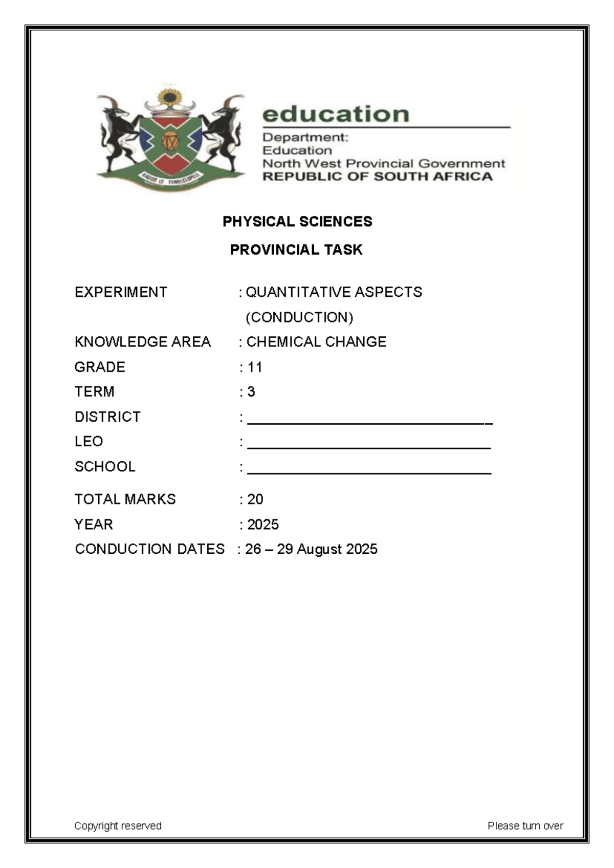 2025 Gr 11 Term 3 Physical Sciences Experiment: Conduction ...