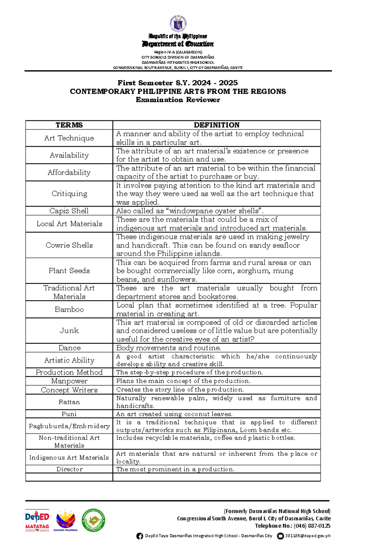 CPAR Reviewer for 2nd Grading S. 2024-2025: Contemporary Arts - Studocu