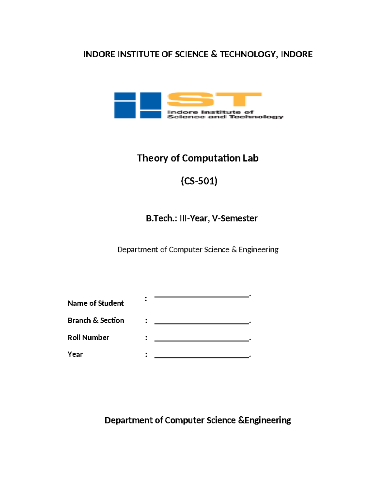CS501 Theory of Computation Lab Manual - B.Tech. 3rd Year - Studocu