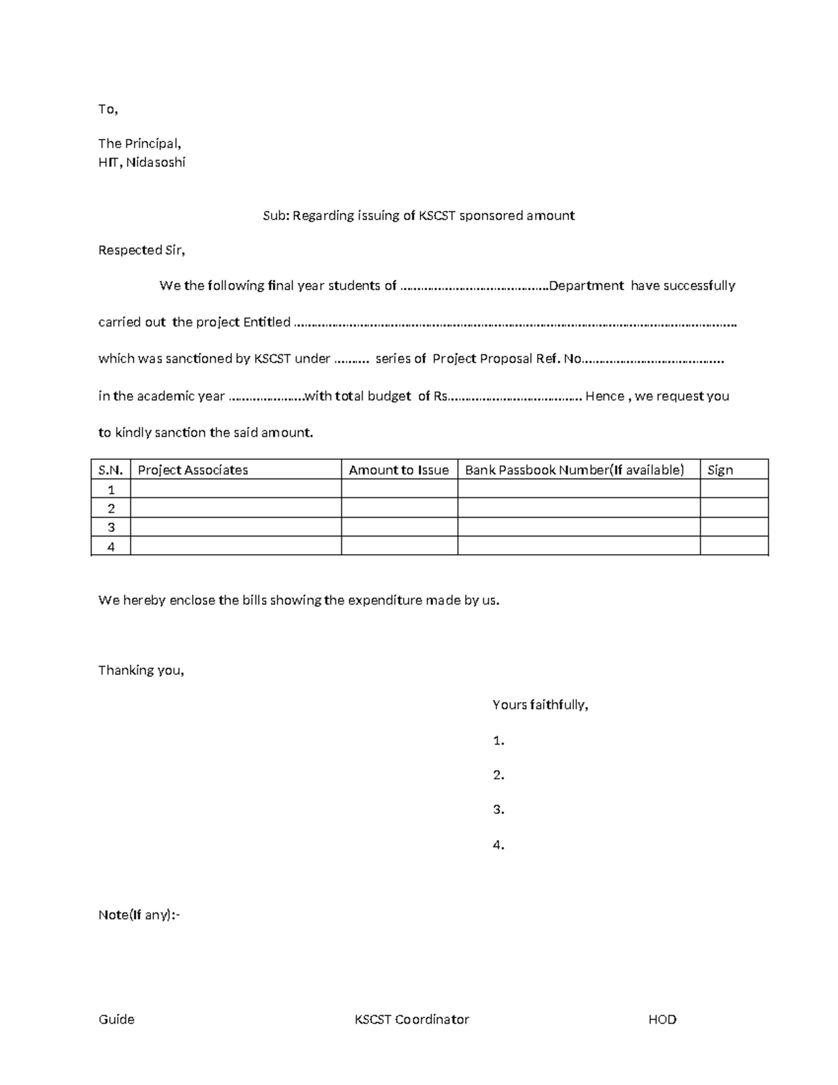 Kscst final settlement - To, The Principal, HIT, Nidasoshi Sub ...