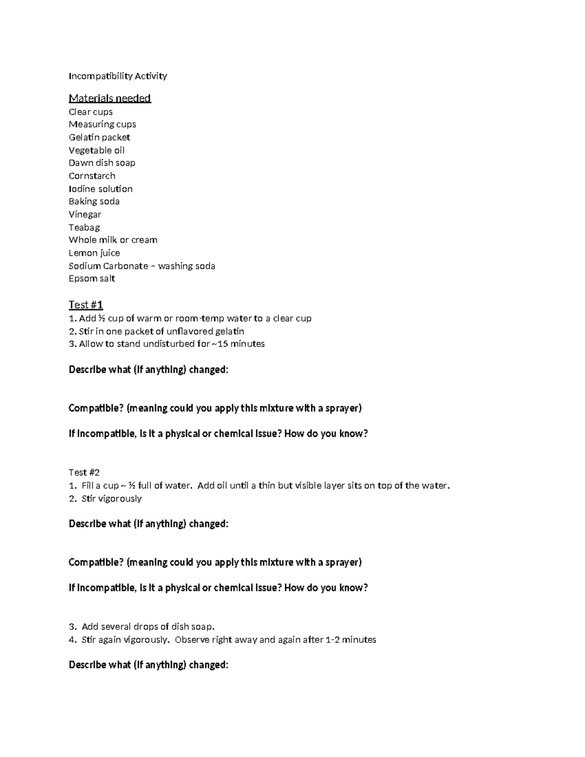 Compatibility Activity: Incompatibility Tests and Observations - Studocu
