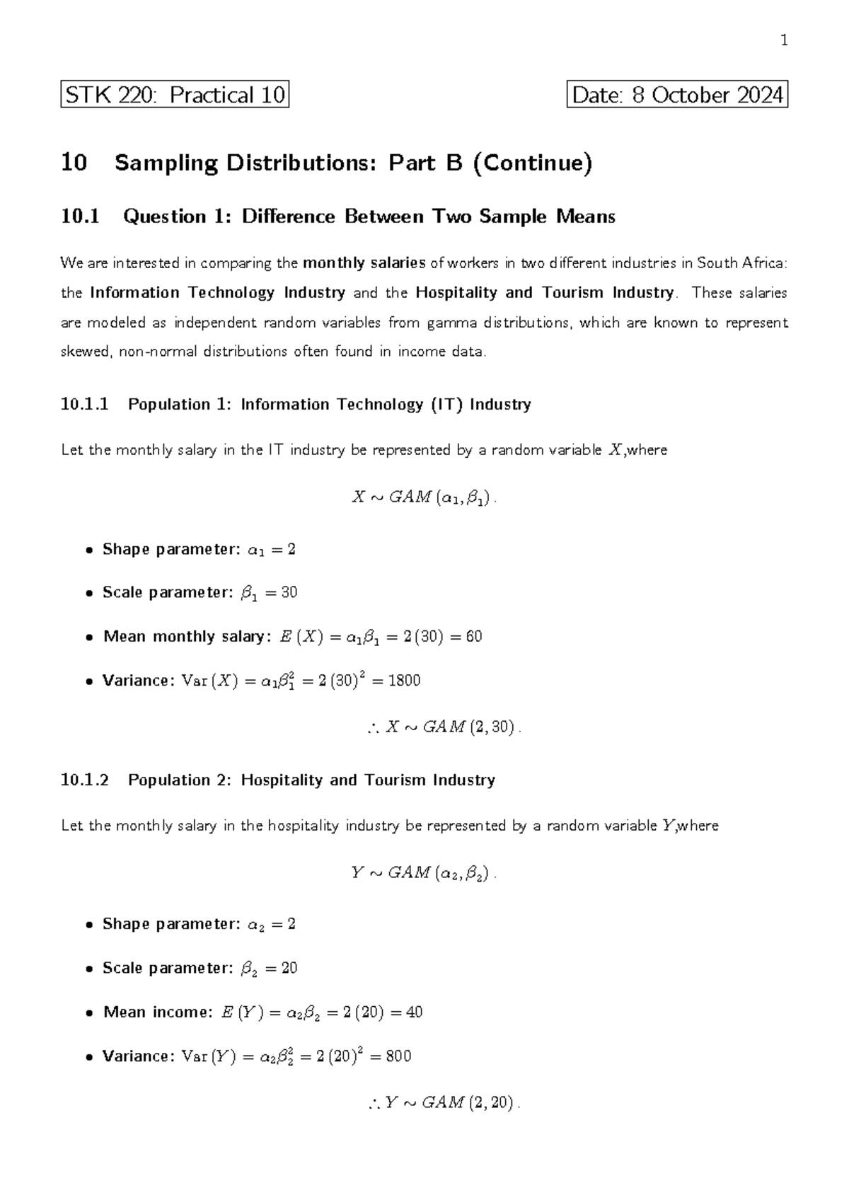 1 STK 220: Practical 10 - Sampling Distributions Analysis and Comparisons - Studocu