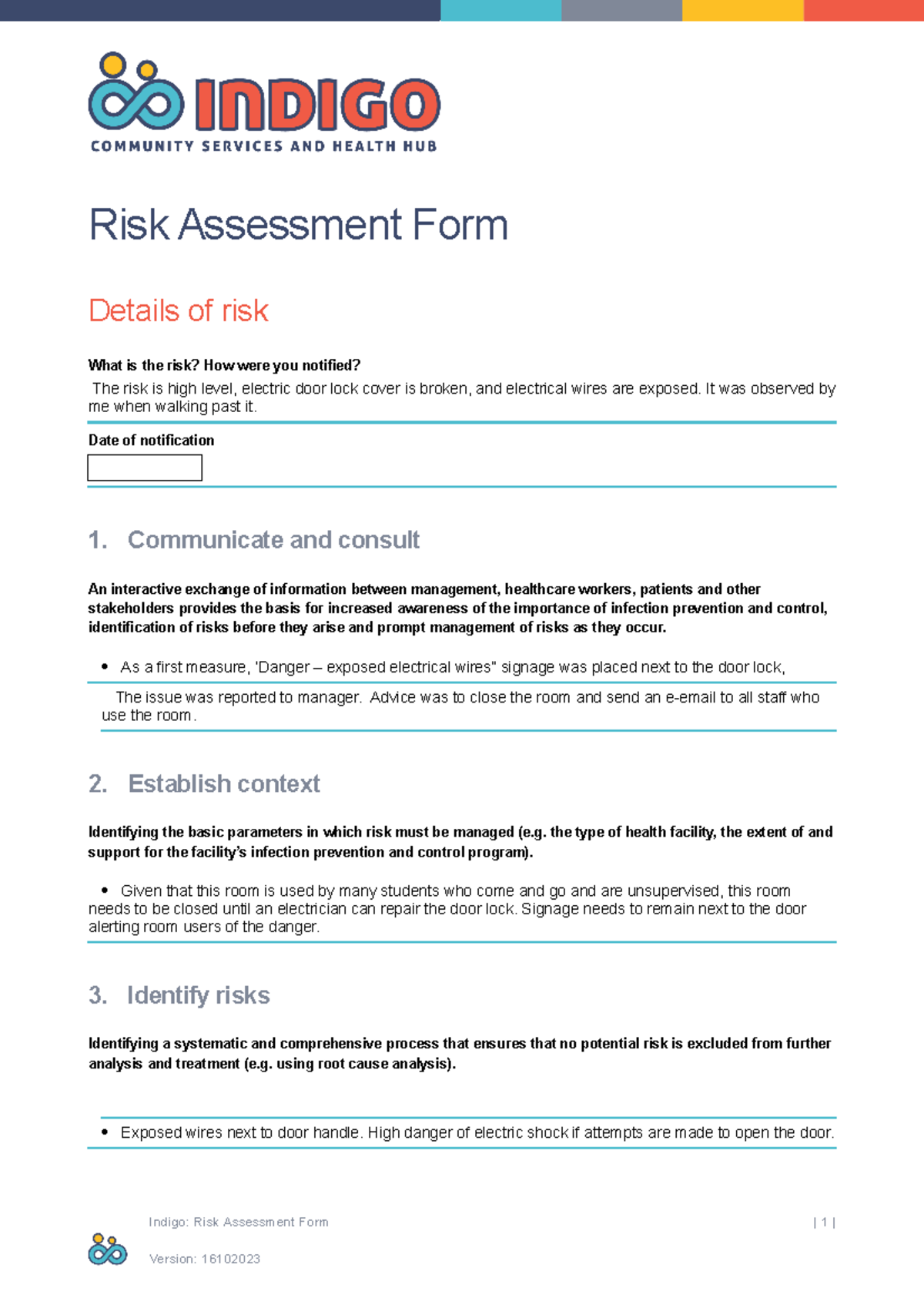 Indigo FRM WHS Risk Assessment: High-Level Exposure Risk Analysis - Studocu
