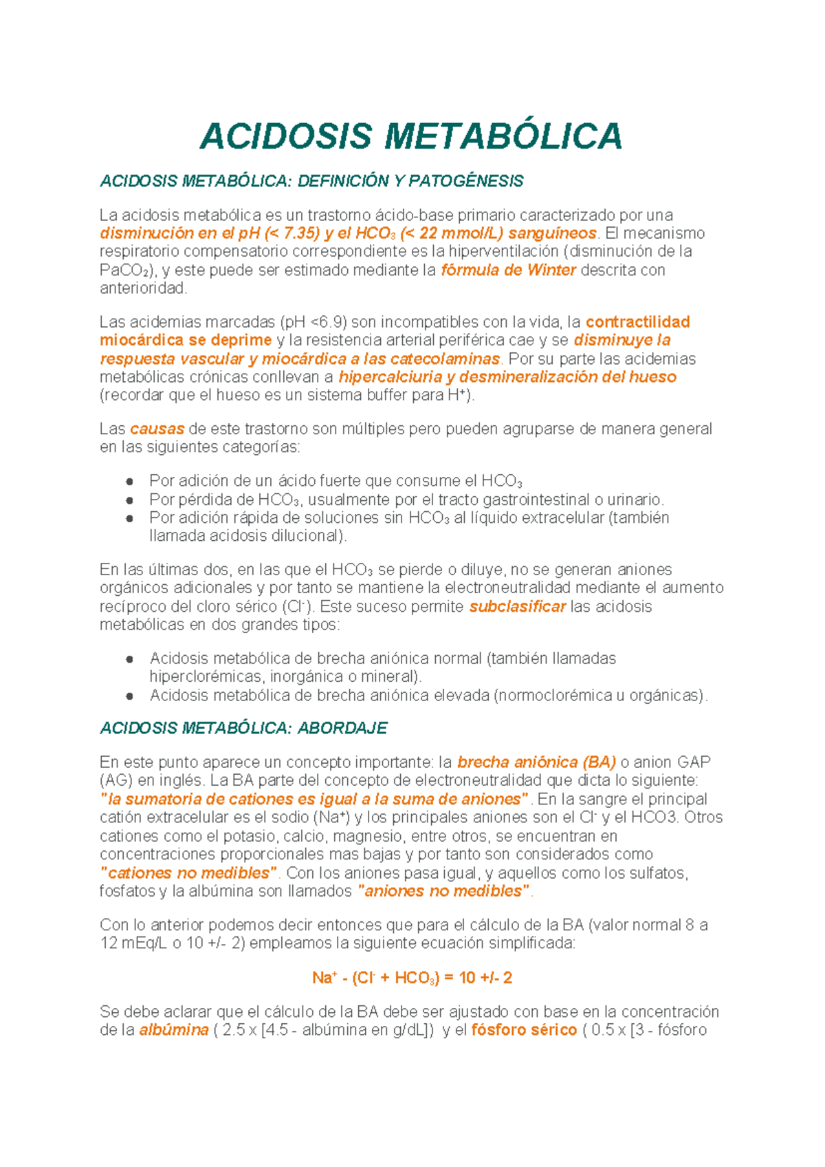ACIDOSIS METABÓLICA: DEFINICIÓN, PATOGÉNESIS Y ABORDAJE - Studocu