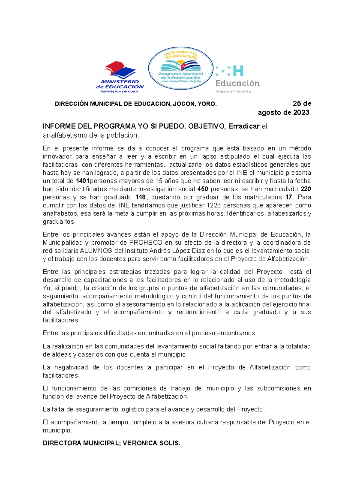 Informe del Programa YO SI PUEDO - Proyecto de Alfabetización en Yoro ...