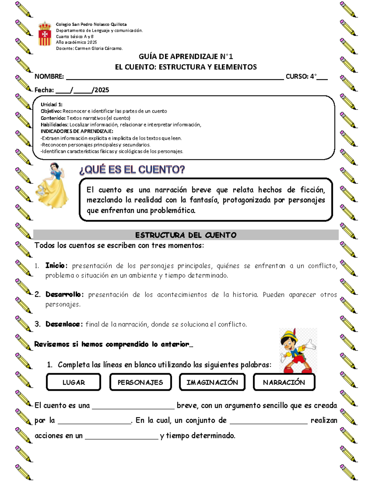 GUÍA N° 1: Estructura y Elementos del Cuento para 4° Básico - Studocu