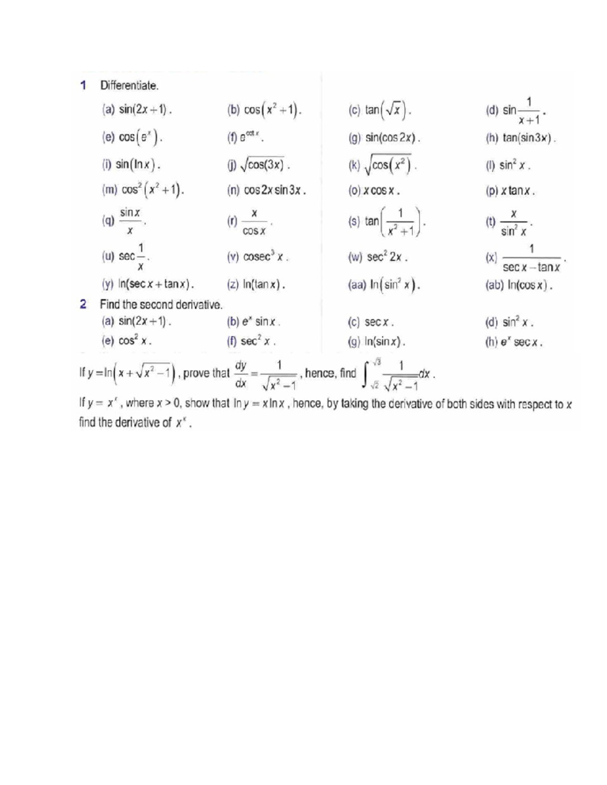 Math Advanced Differentiation questions - 1 Differentiate. (a) (b) (c ...