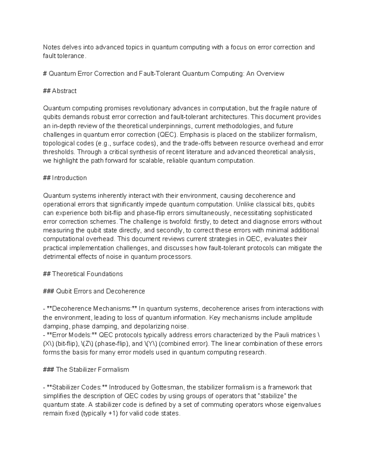 Quantum Computing QEC: Advanced Topics in Error Correction & Fault Tolerance - Studocu