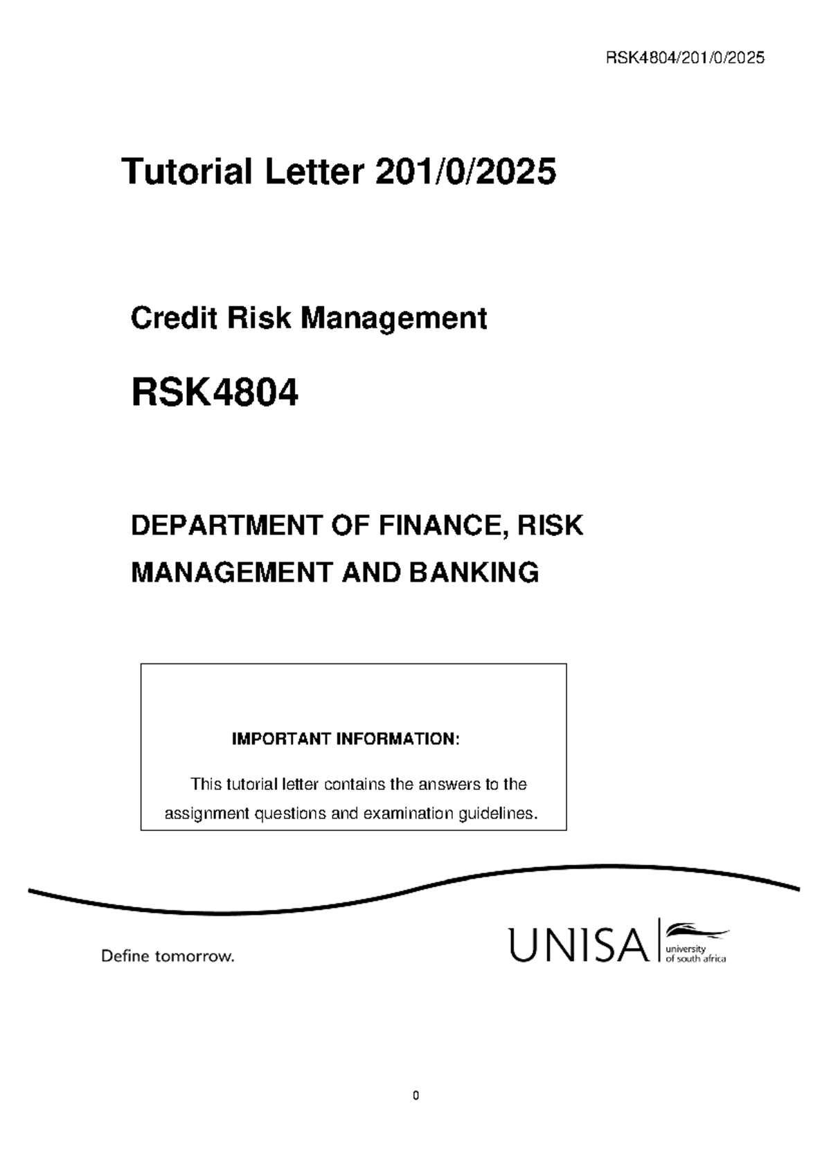 RSK4804 Credit Risk Management: Assignment Solutions & Exam Guidelines - Studocu