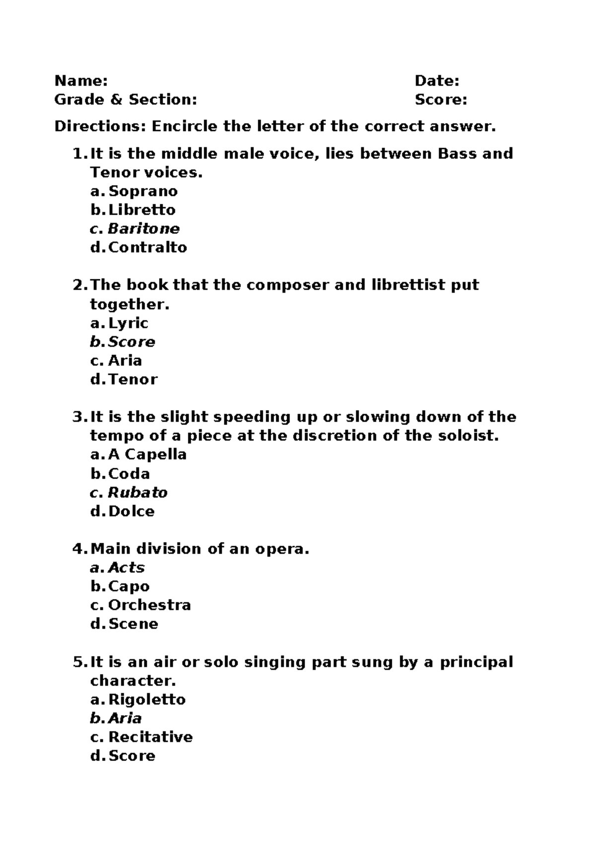 Music Arts PE Health - Activity Quiz on Vocal Terms and Concepts - Studocu